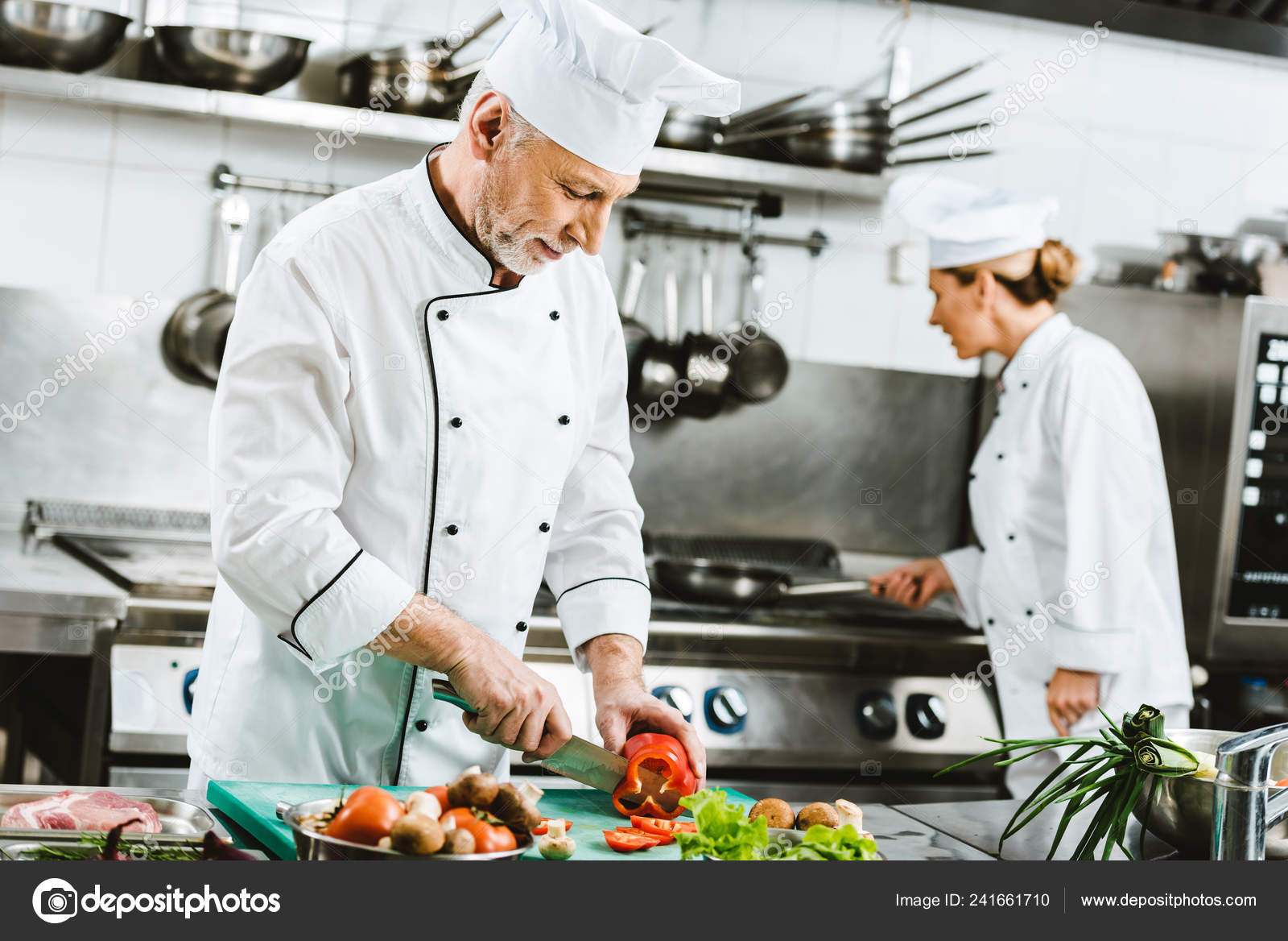 Selective Focus Male Female Chefs Uniform Preparing Food Restaurant ...
