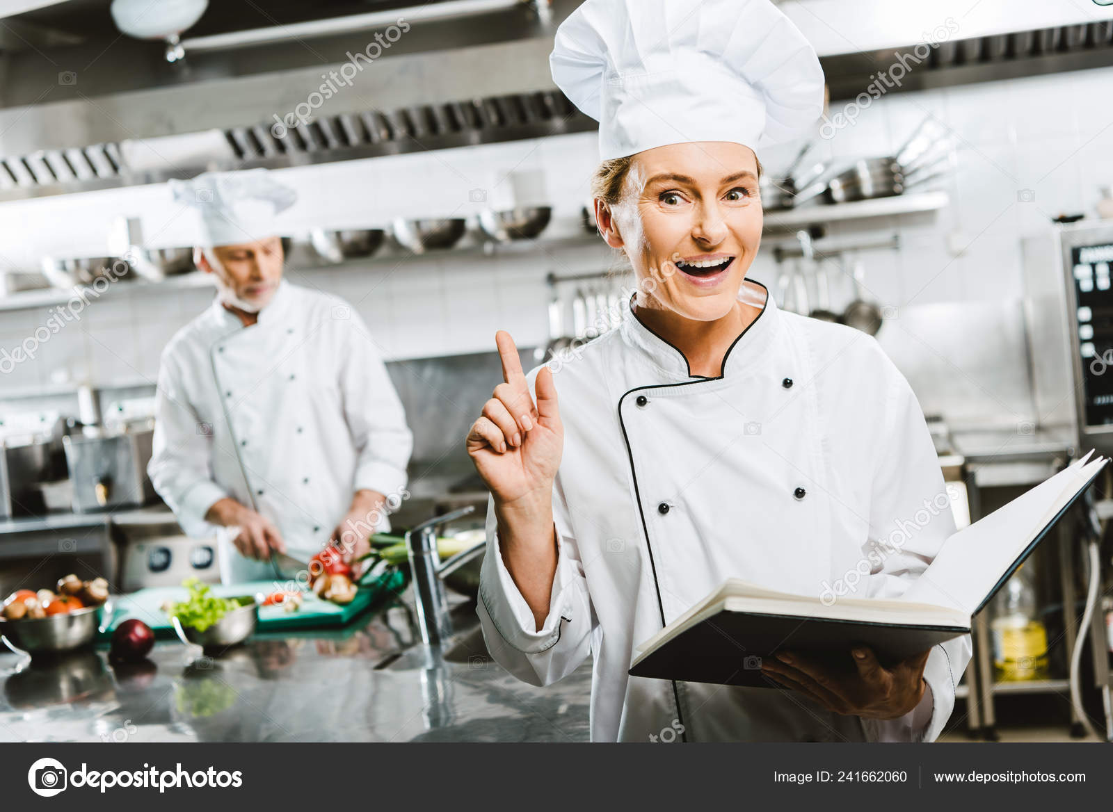 Beautiful Female Chef Uniform Holding Recipe Book Doing Idea Gesture ...