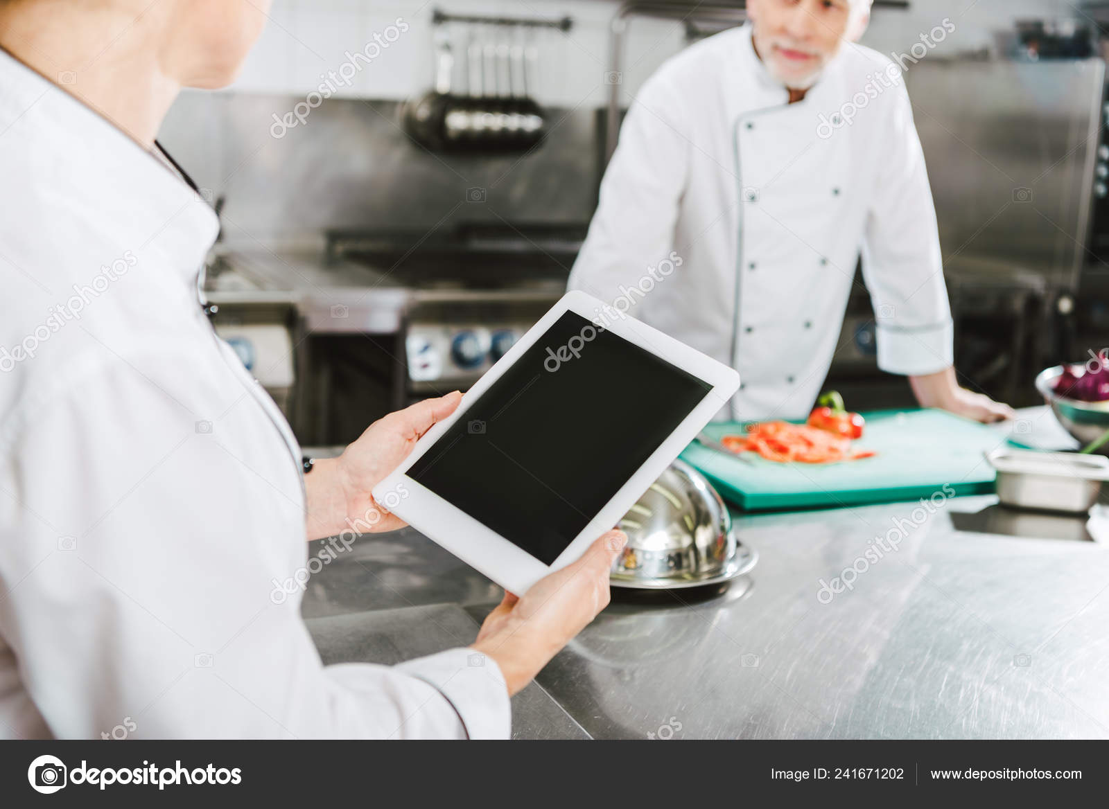 Partial View Female Chef Using Digital Tablet Blank Screen Restaurant ...