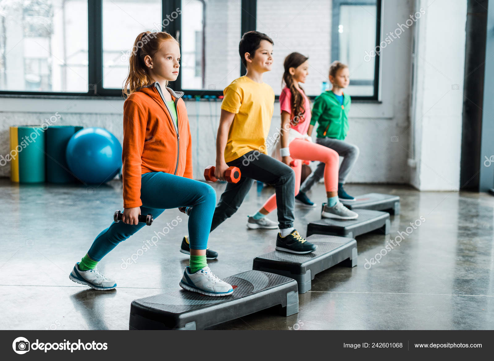 Kids Holding Dumbbells Using Step Platforms — Stock Photo ...