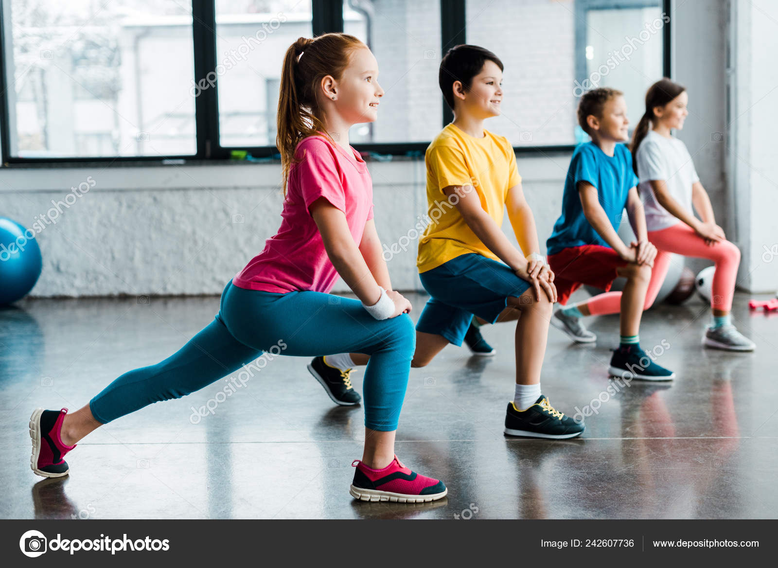 Group Cheerful Kids Doing Stretching Gym — Stock Photo © AllaSerebrina ...