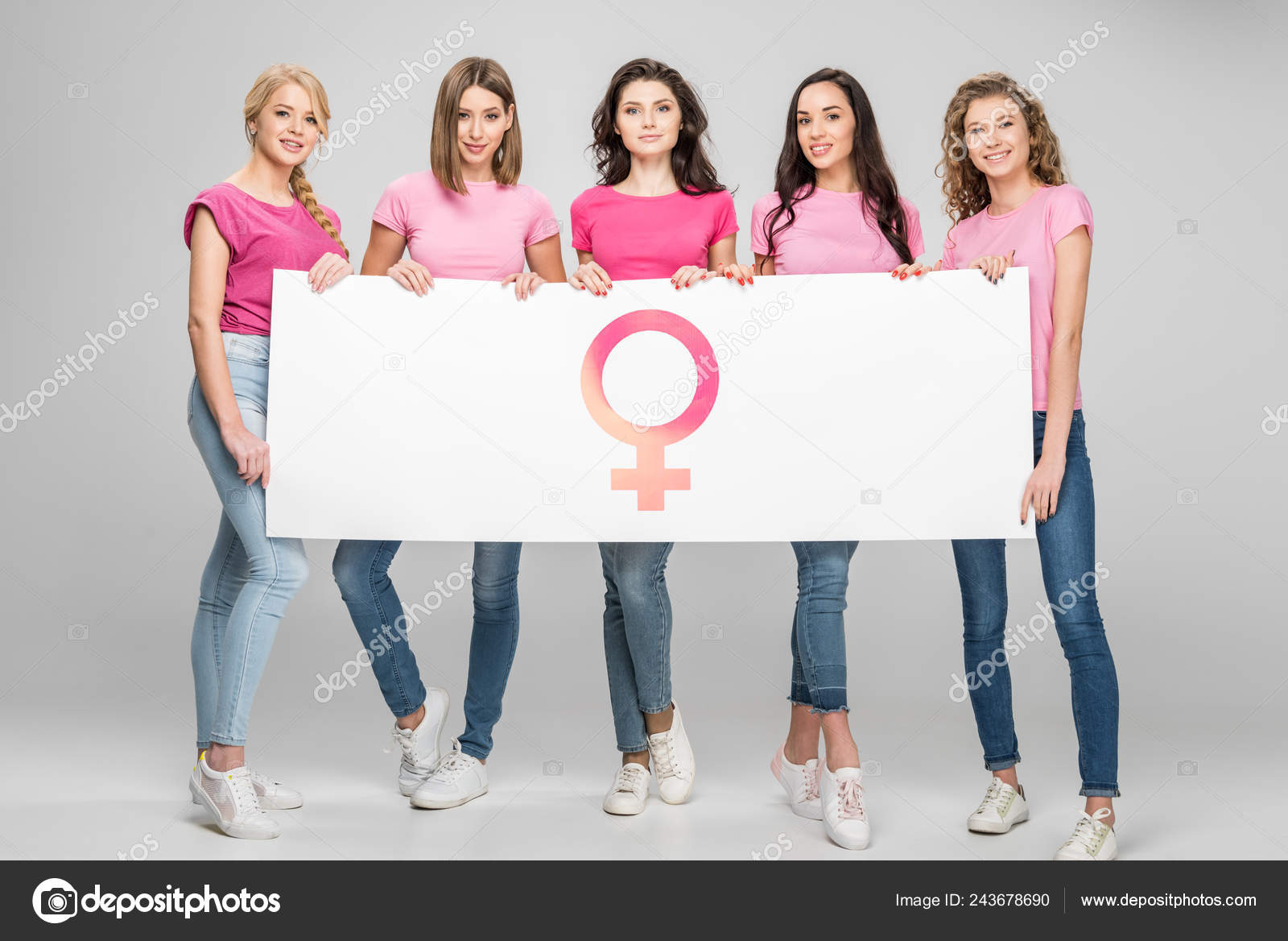 Attractive Girls Holding Large Sign Female Symbol Grey Background Stock ...