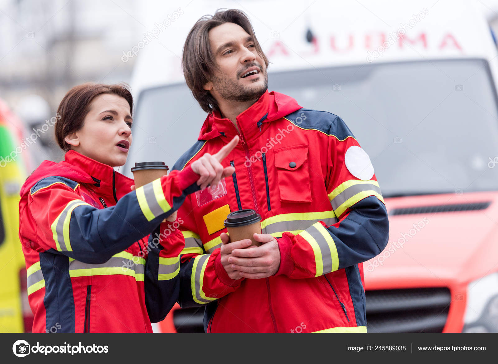 Paramedics Red Uniform Drinking Coffee Street — Stock Photo ...