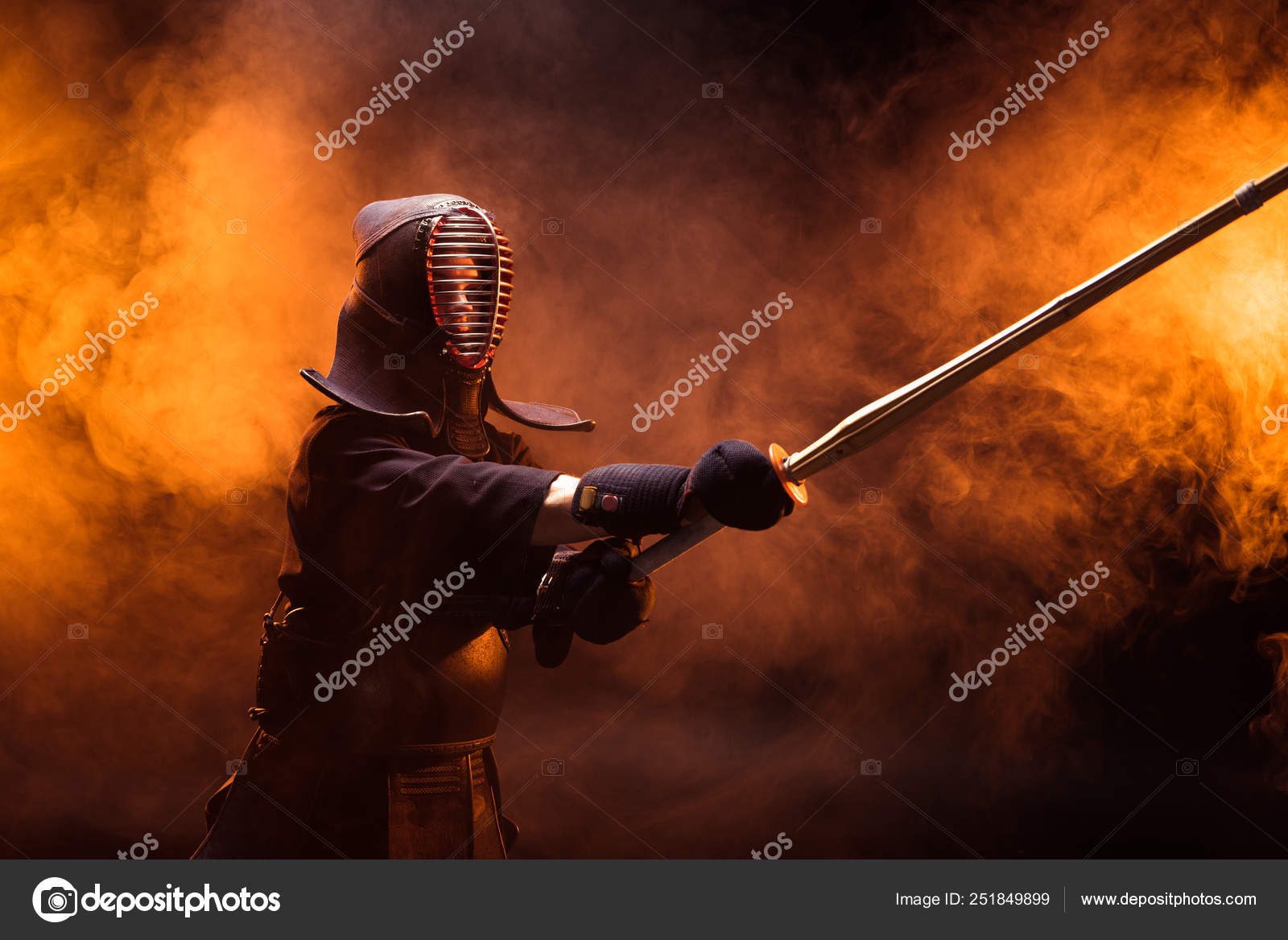 Kendo Fighter Armor Practicing Bamboo Sword Smoke — Stock Photo ...