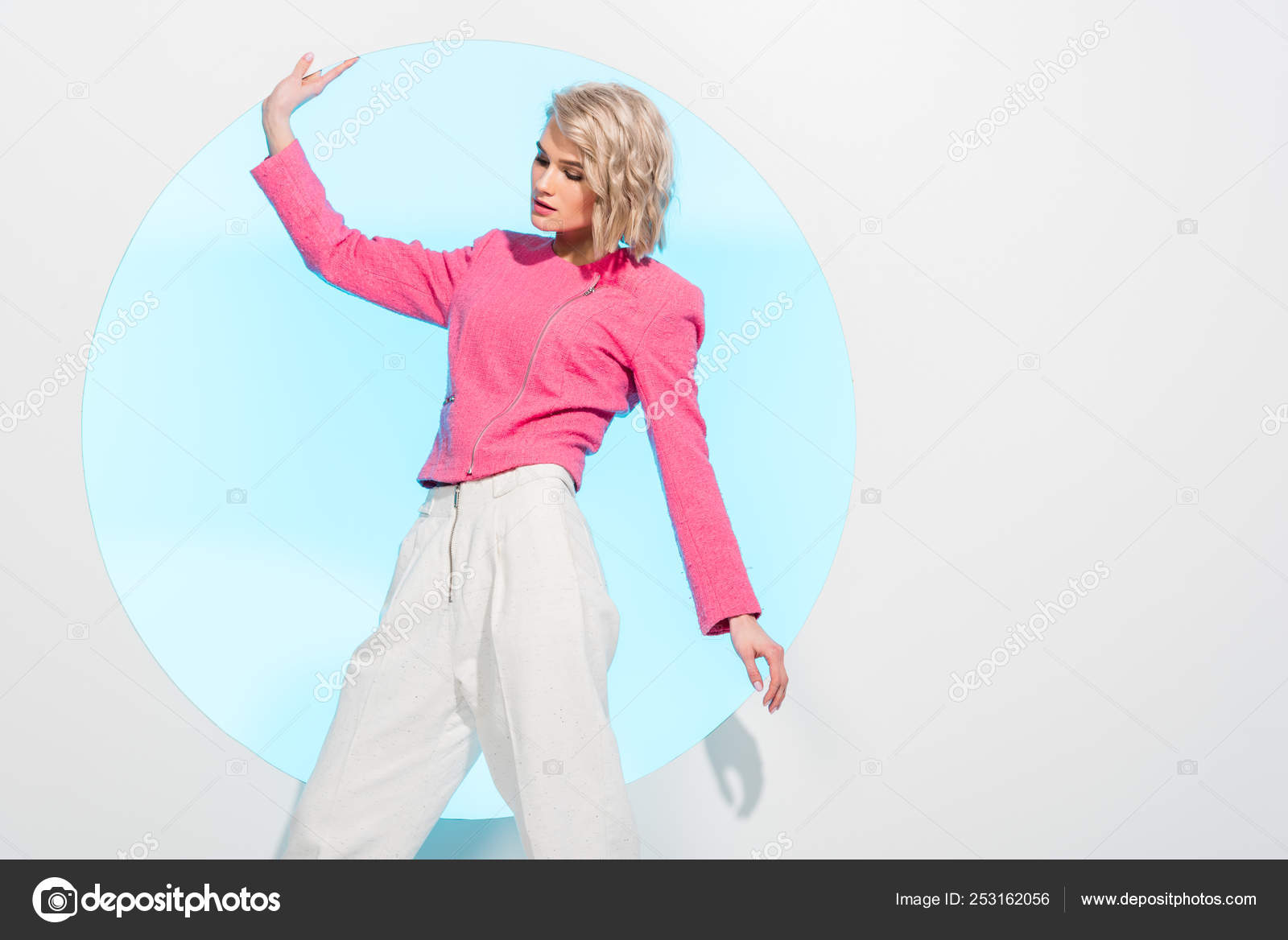 Beautiful Stylish Girl Posing White Blue Circle Copy Space Stock Photo ...