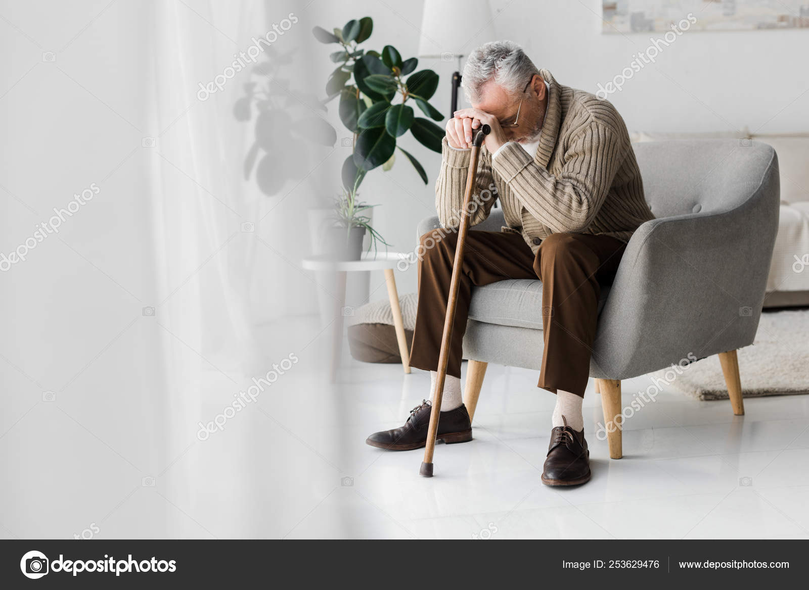 Upset Retired Man Sitting Armchair Walking Cane Home — Stock Photo ... Upset Retired Man Sitting Armchair Walking Cane Home — Stock Photo ...