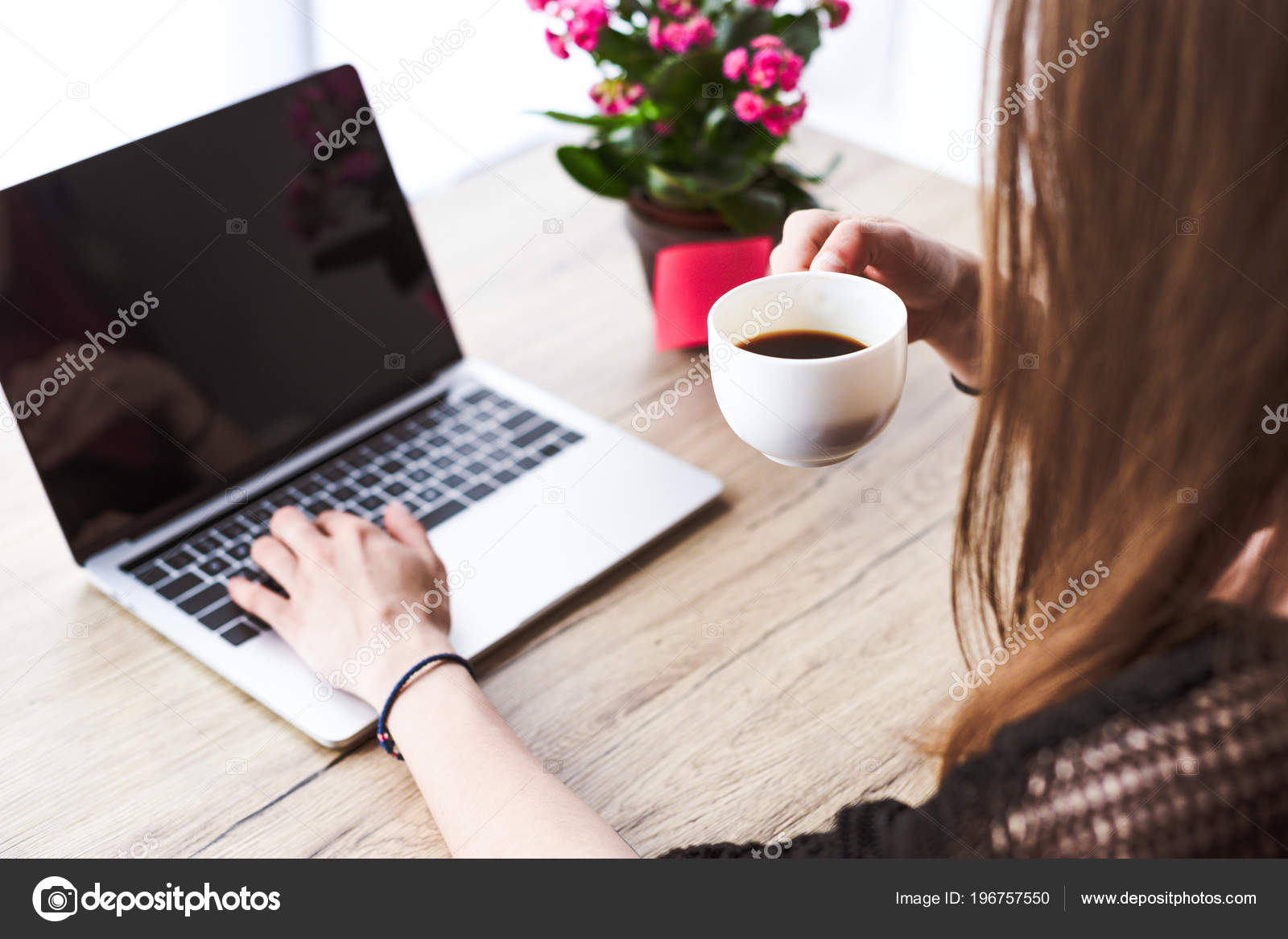Partial View Woman Drinking Coffee Typing Laptop Blank Screen Table ... Partial View Woman Drinking Coffee Typing Laptop Blank Screen Table ...