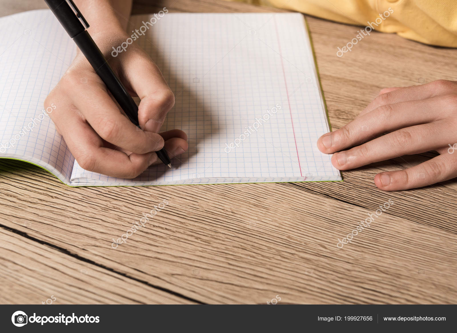 Cropped Image Schoolboy Doing Homework Empty Textbook Table — Stock ...