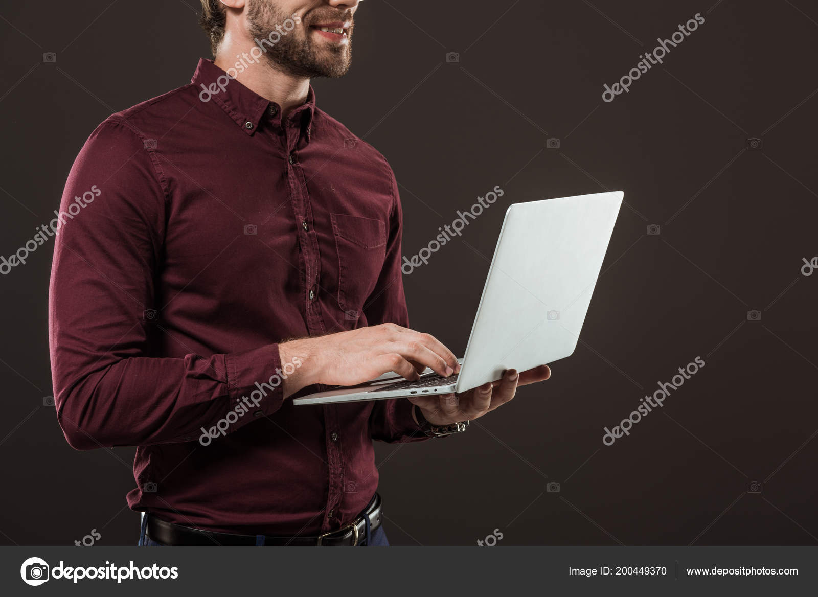 Cropped Shot Smiling Man Using Laptop Isolated Black Stock Photo by ...