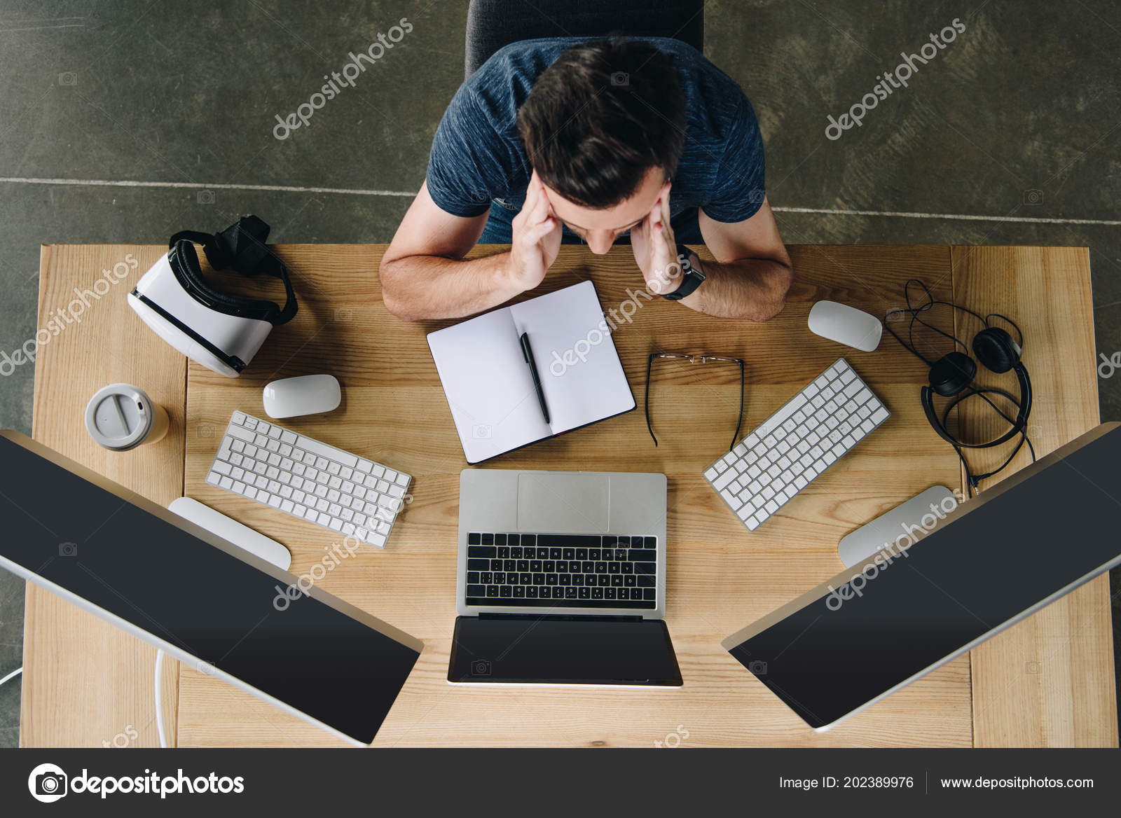 Overhead View View Focused Young Man Working Laptop Desktop Computers ...