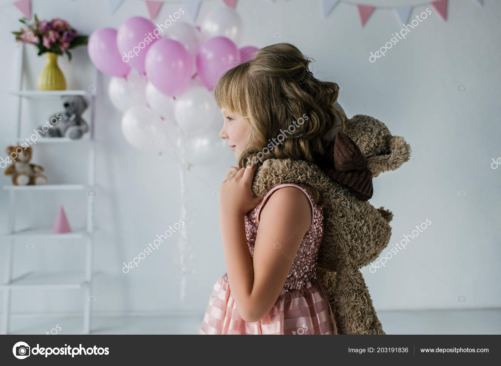 Side View Happy Little Kid Standing Teddy Bear Shoulders — Free Stock ...