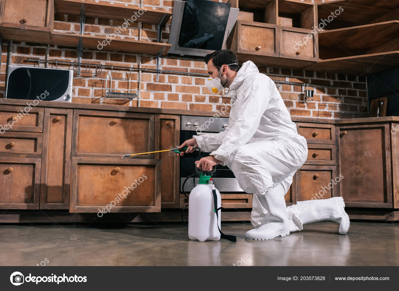 Pest Control Worker Spraying Pesticides Cabinet Kitchen Stock Photo by ...