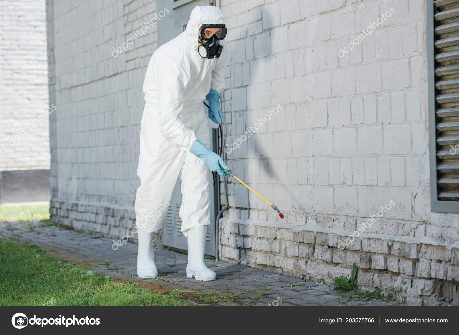 Pest Control Worker Spraying Chemicals Sprayer Building Wall Stock ...