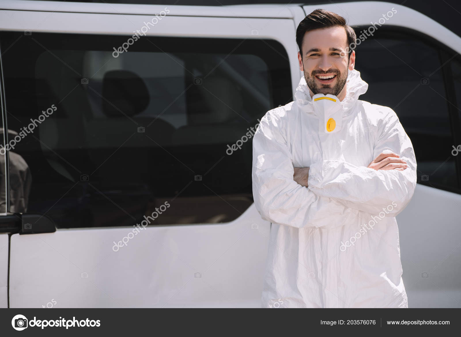 Happy Pest Control Worker Uniform Standing Crossed Arms Car Street ...