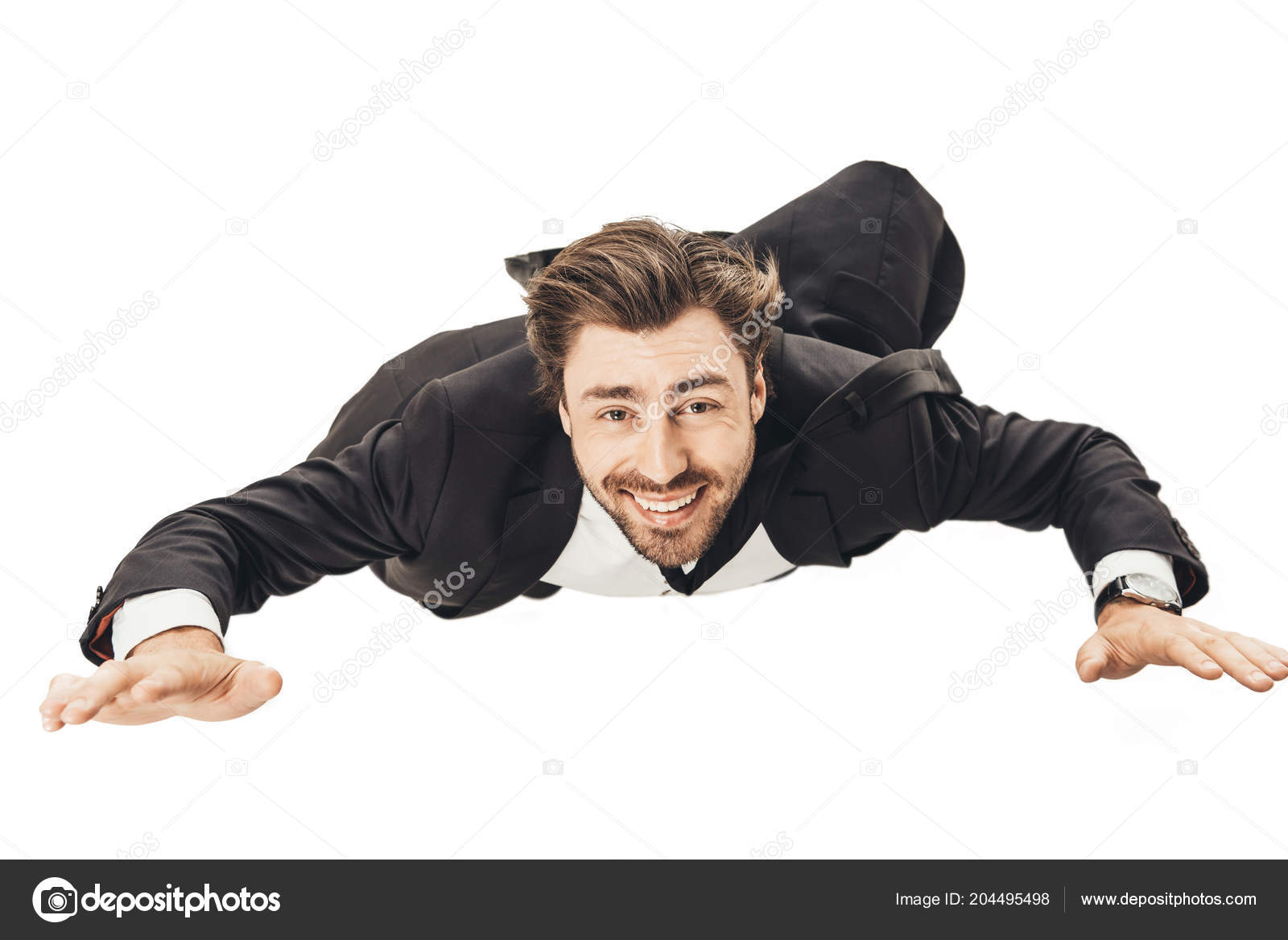 Close Shot Smiling Young Businessman Falling Looking Camera Isolated ...
