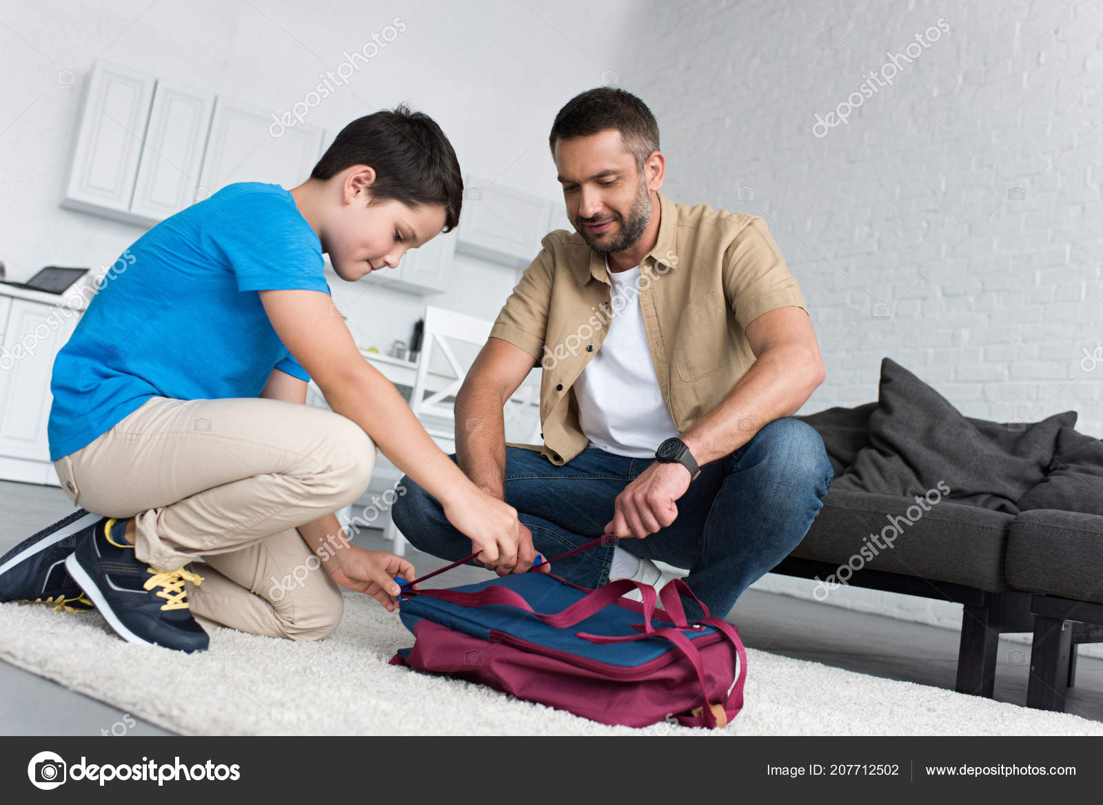 Father Son Packing Backpack School Together Home Back School Concept ...