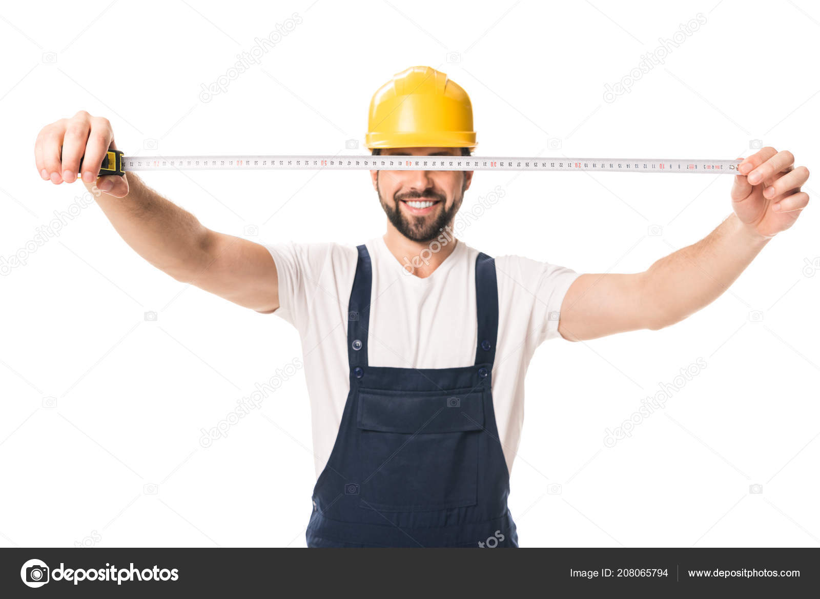 Handsome Happy Workman Holding Measuring Tape Isolated White Stock ...