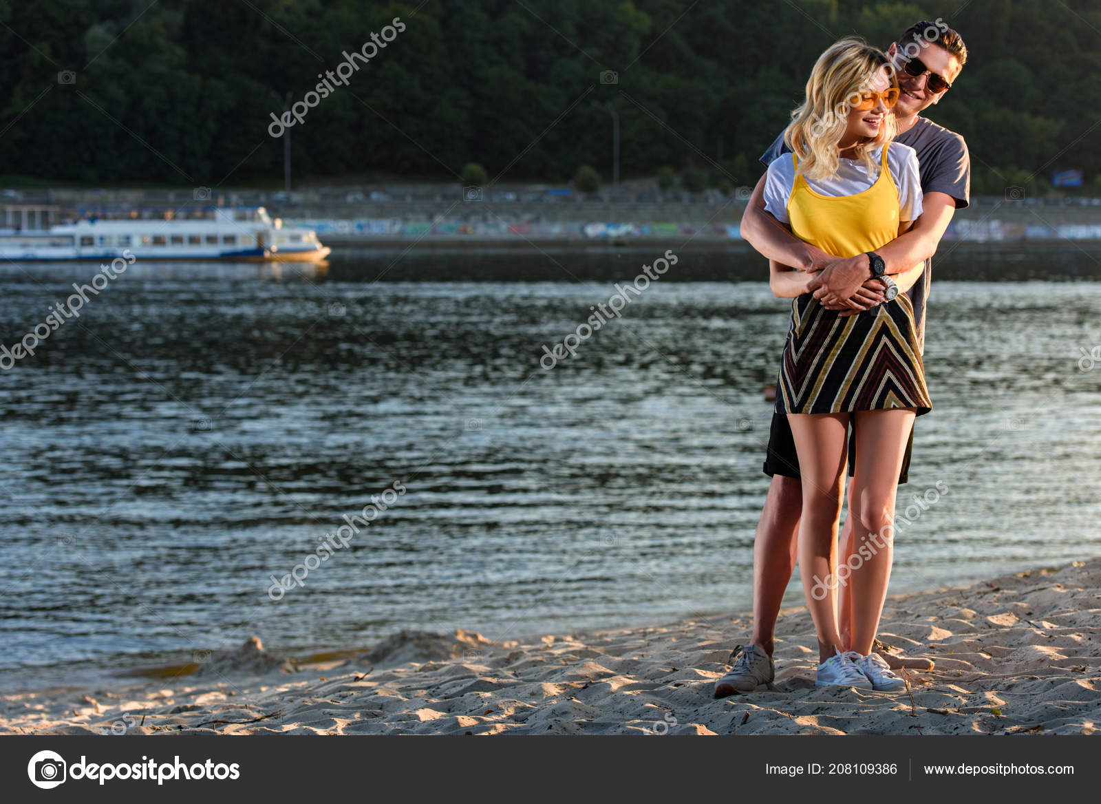 Boyfriend Cuddling Girlfriend River Beach — Free Stock Photo ...