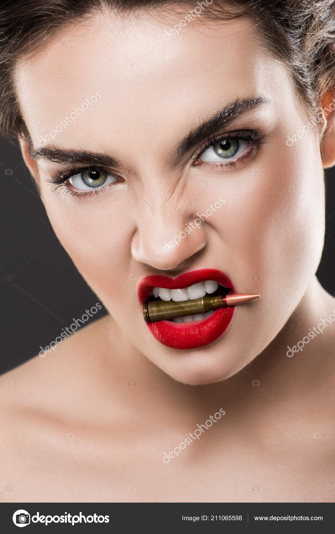 Attractive Angry Woman Holding Bullet Teeth Isolated Grey — Stock Photo ...