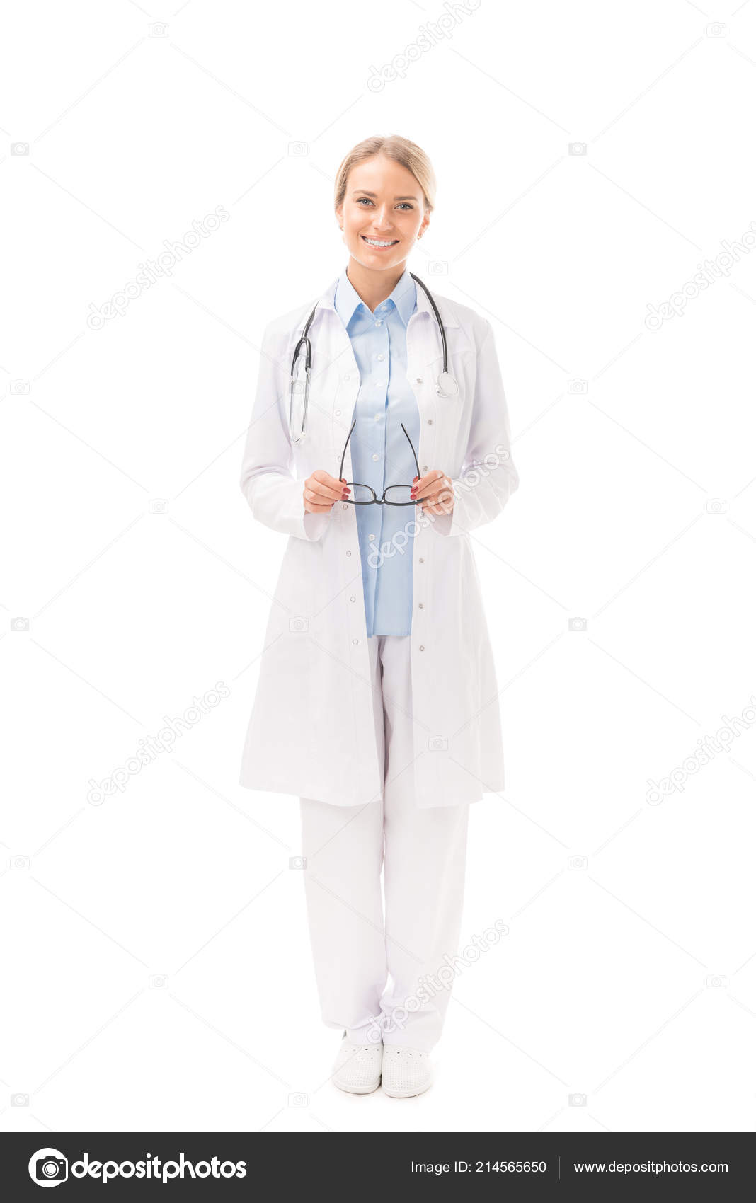 Beautiful Young Female Doctor White Coat Looking Camera Isolated White