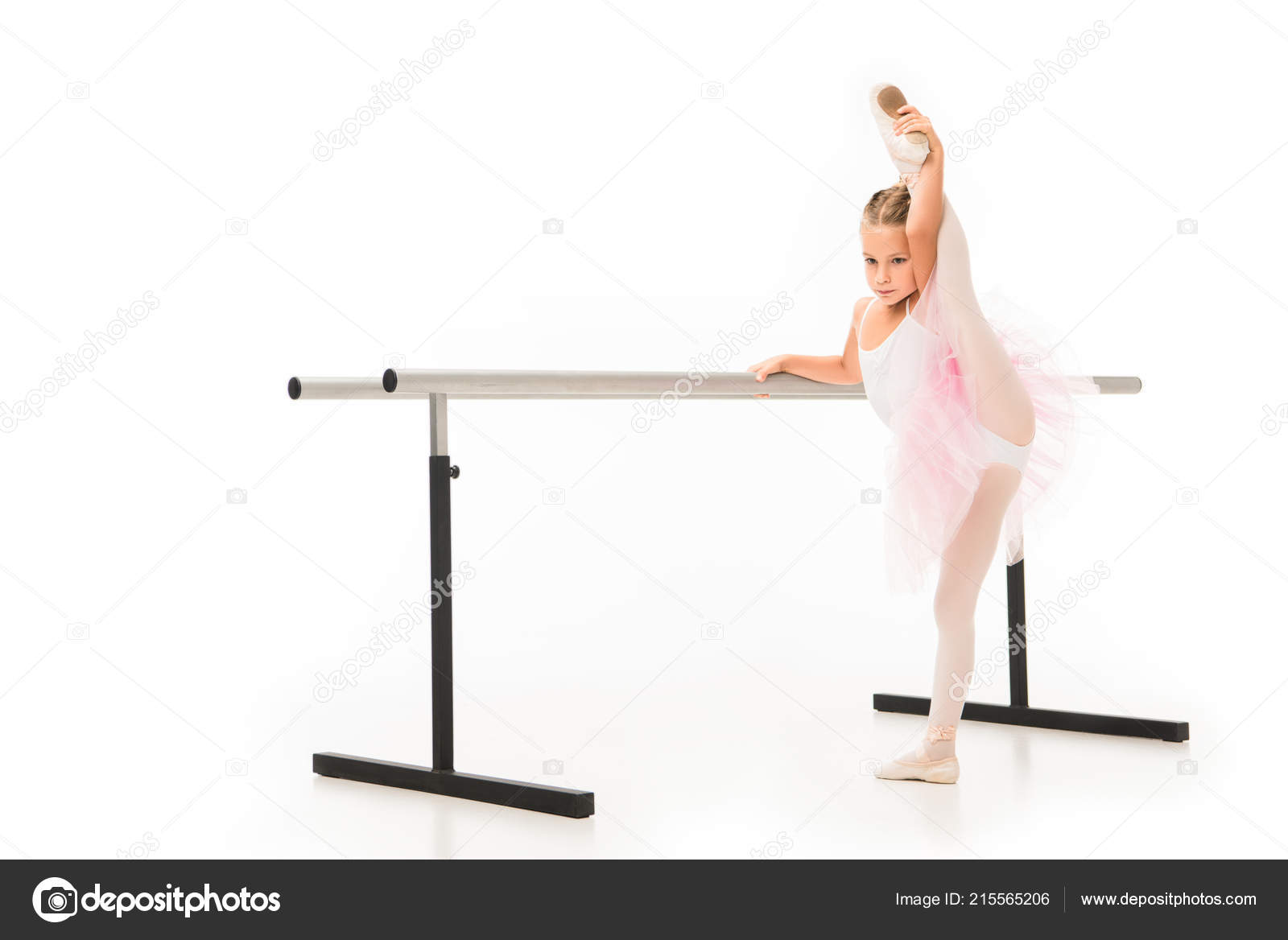 Little Ballerina Tutu Stretching Leg Ballet Barre Stand Isolated White ...