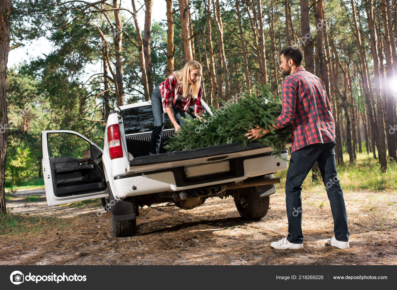 Selective Focus Young Couple Loading Christmas Tree Car Trunk Forest ...