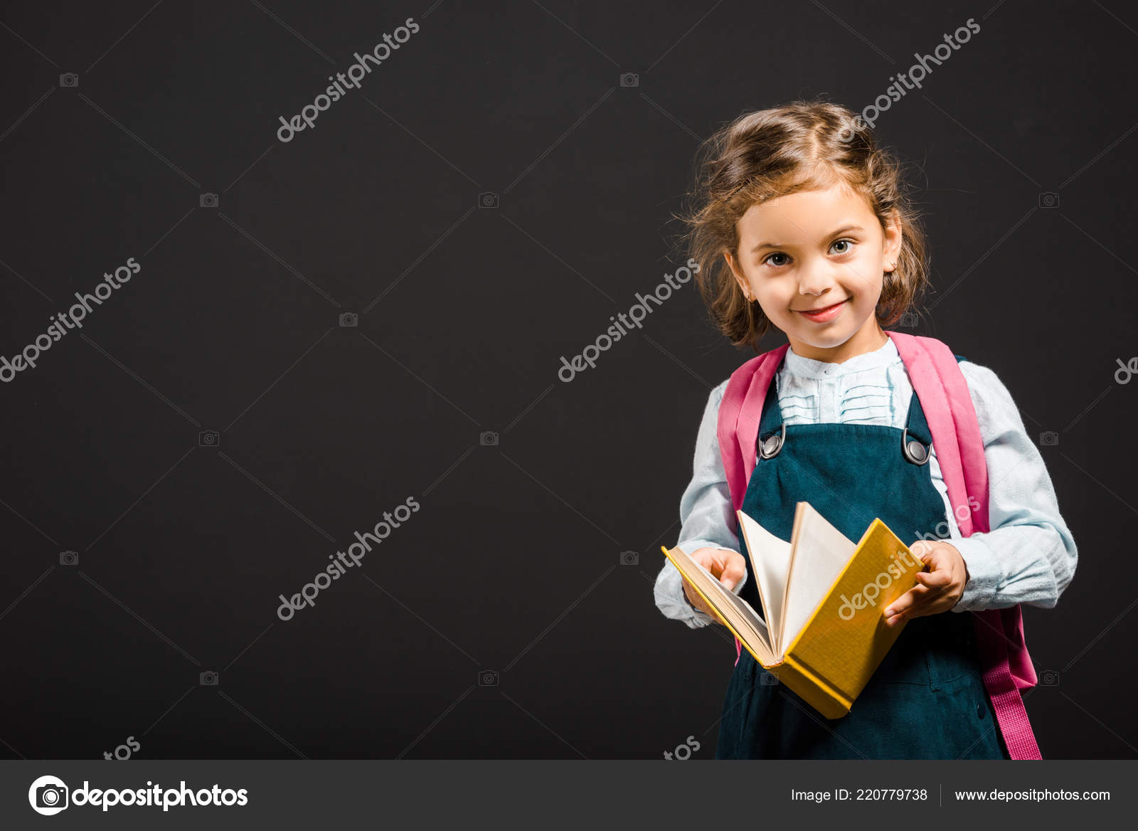 Cute Schoolgirl Backpack Book Hands Looking Camera Isolated Black Stock ...