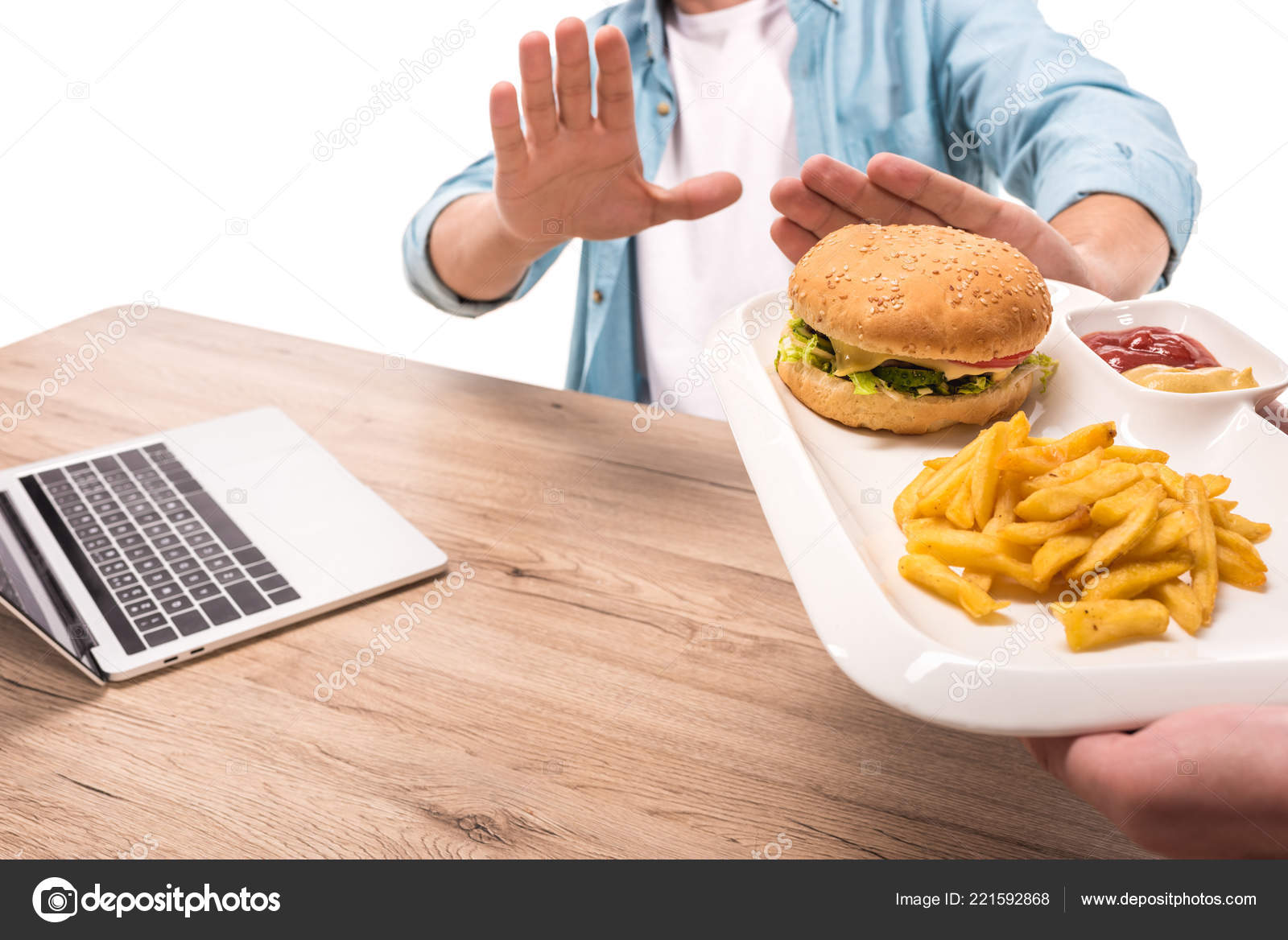 Cropped Image Man Rejecting Unhealthy Burger French Fries Table ...