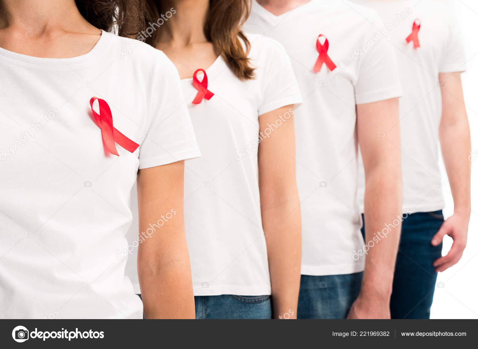 Cropped Image People Standing Red Ribbons Shirts Isolated White World ...