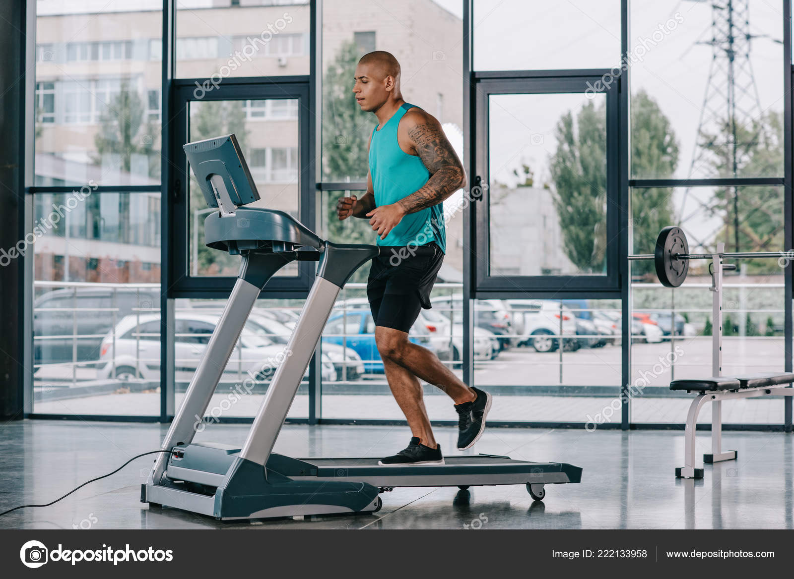 Side View Young African American Sportsman Running Treadmill Gym Stock ...