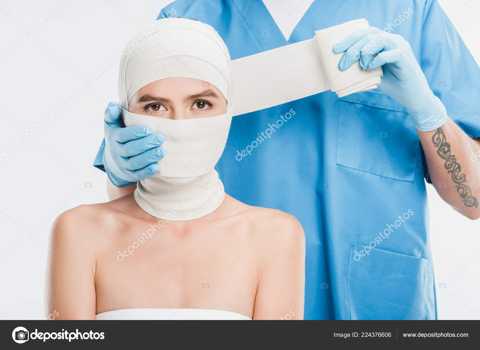 Close Plastic Surgeon Gloves Taping Woman Face Bandage Isolated White ...