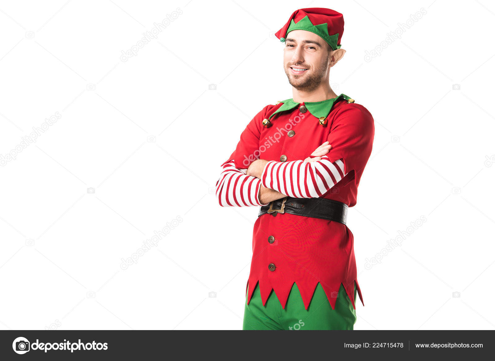 Homem Traje Elfo Natal Com Braços Cruzados Olhando Para Câmera fotos ...
