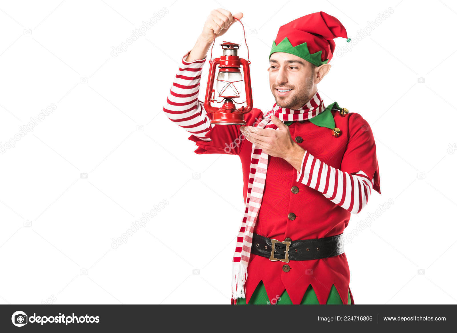 Smiling Man Christmas Elf Costume Holding Red Lantern Isolated White ...