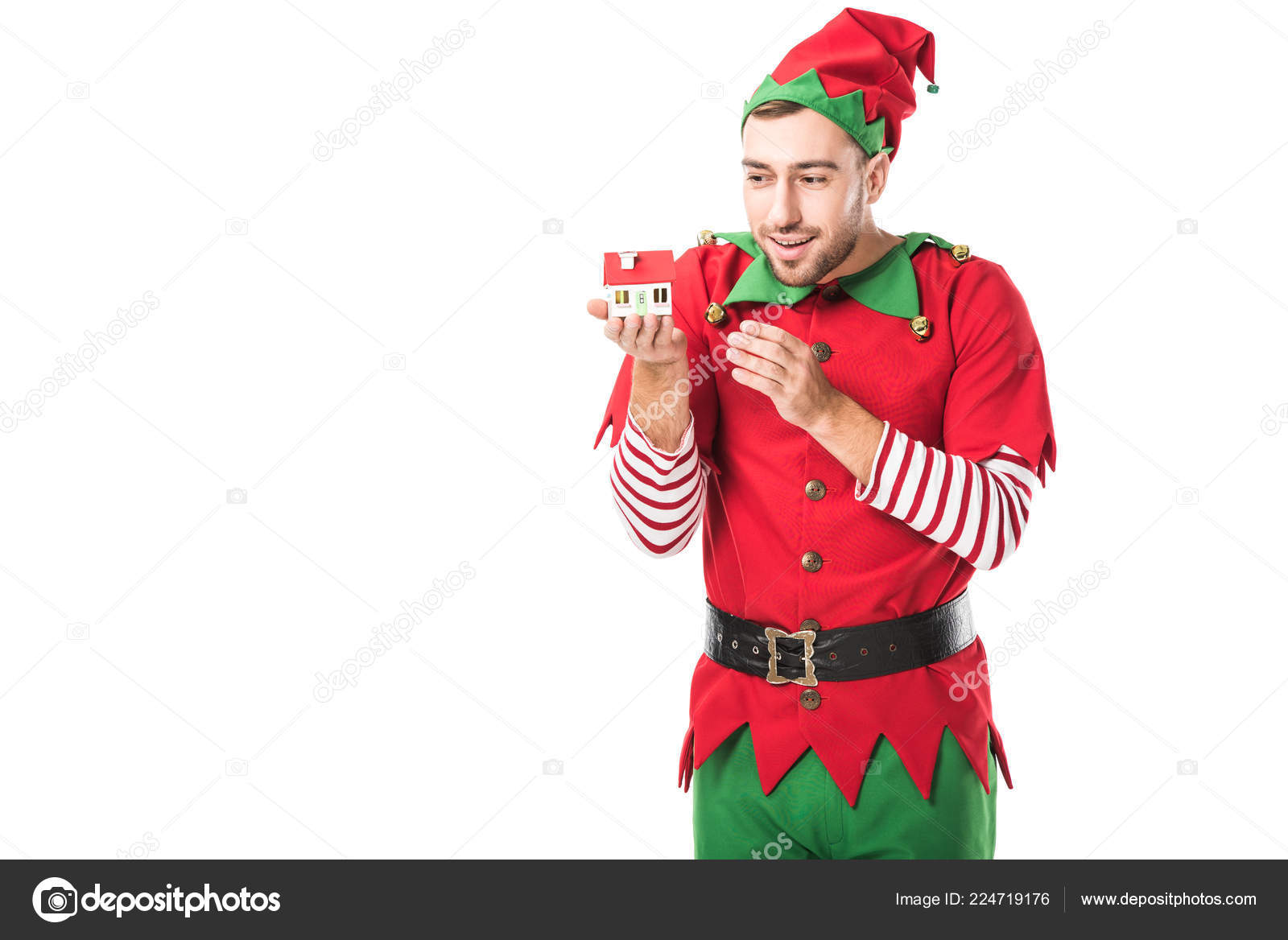 Happy Man Christmas Elf Costume Holding House Model Isolated White ...
