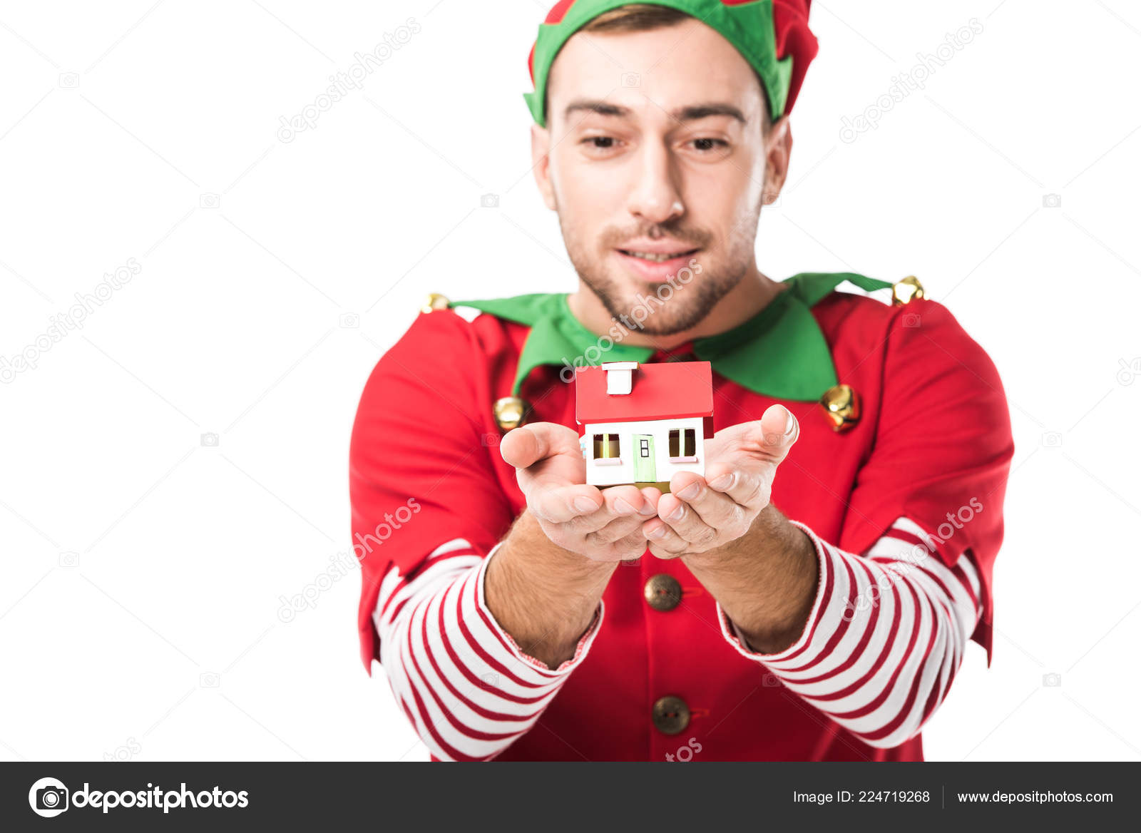 Man Christmas Elf Costume Holding House Model Isolated White Real ...
