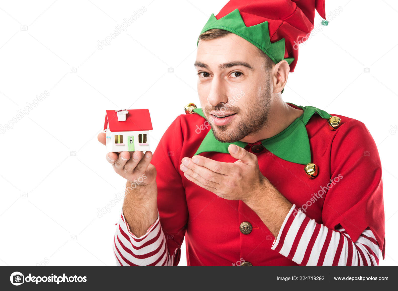 Man Christmas Elf Costume Pointing House Model Isolated White Real ...