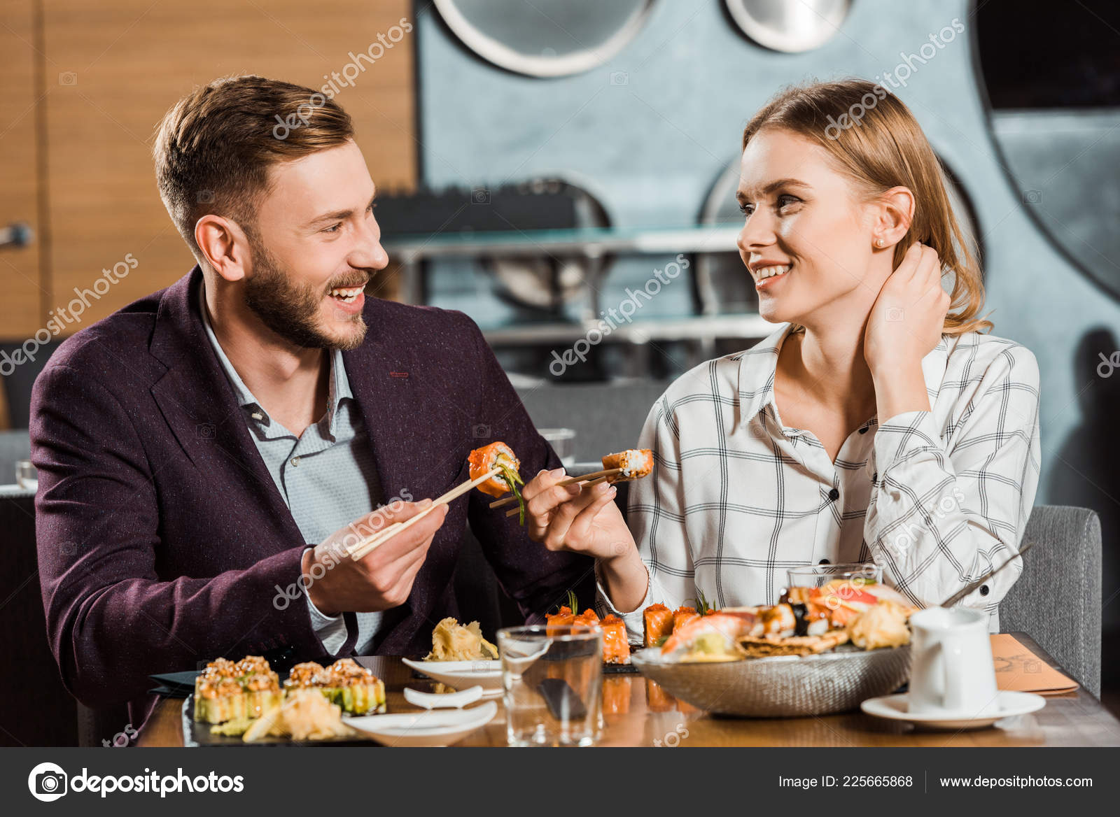 Attractive Smiling Couple Having Dinner Restaurant Stock Photo by ...