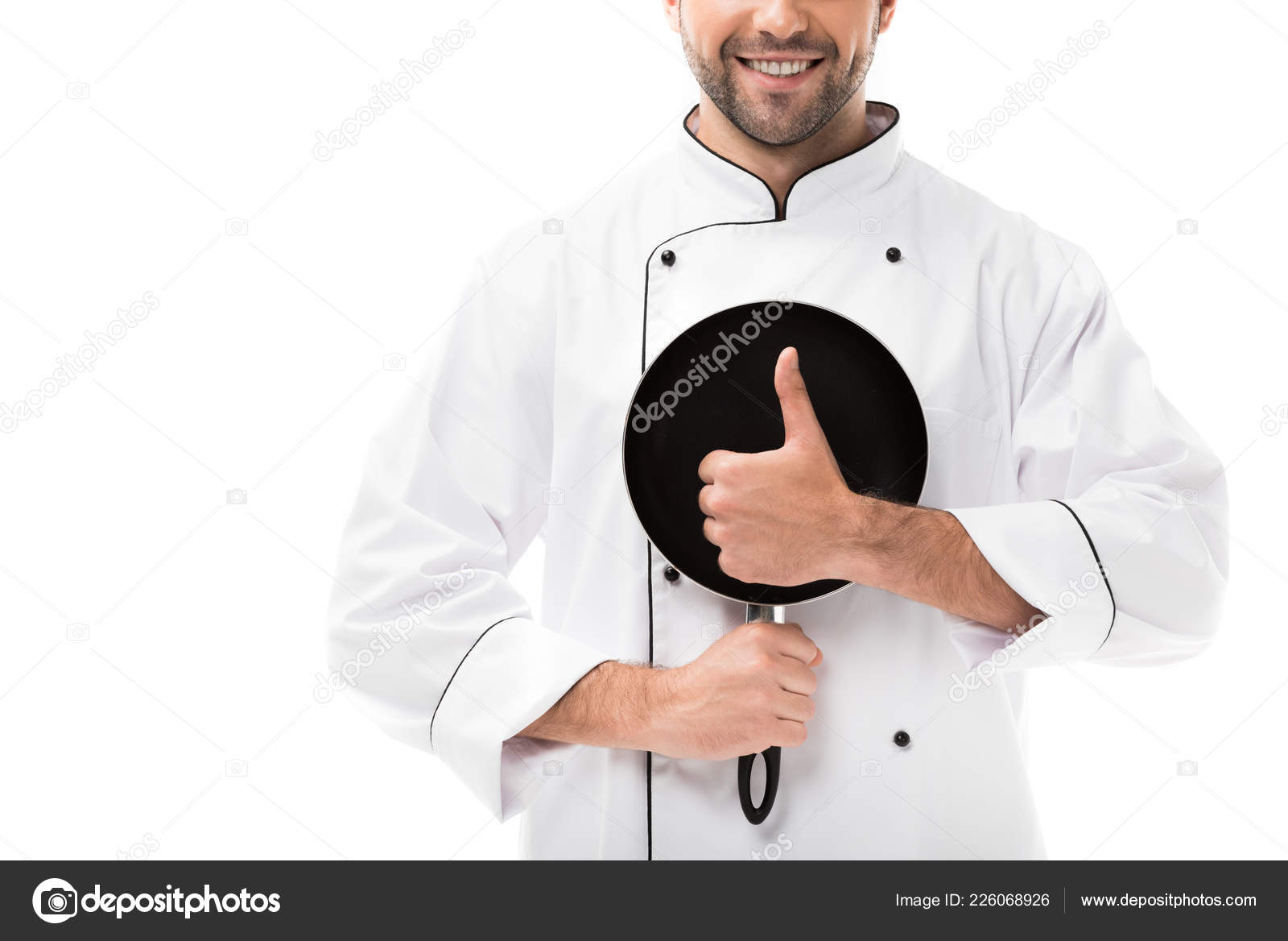 Cropped Shot Smiling Young Chef Holding Frying Pan Showing Thumb ...