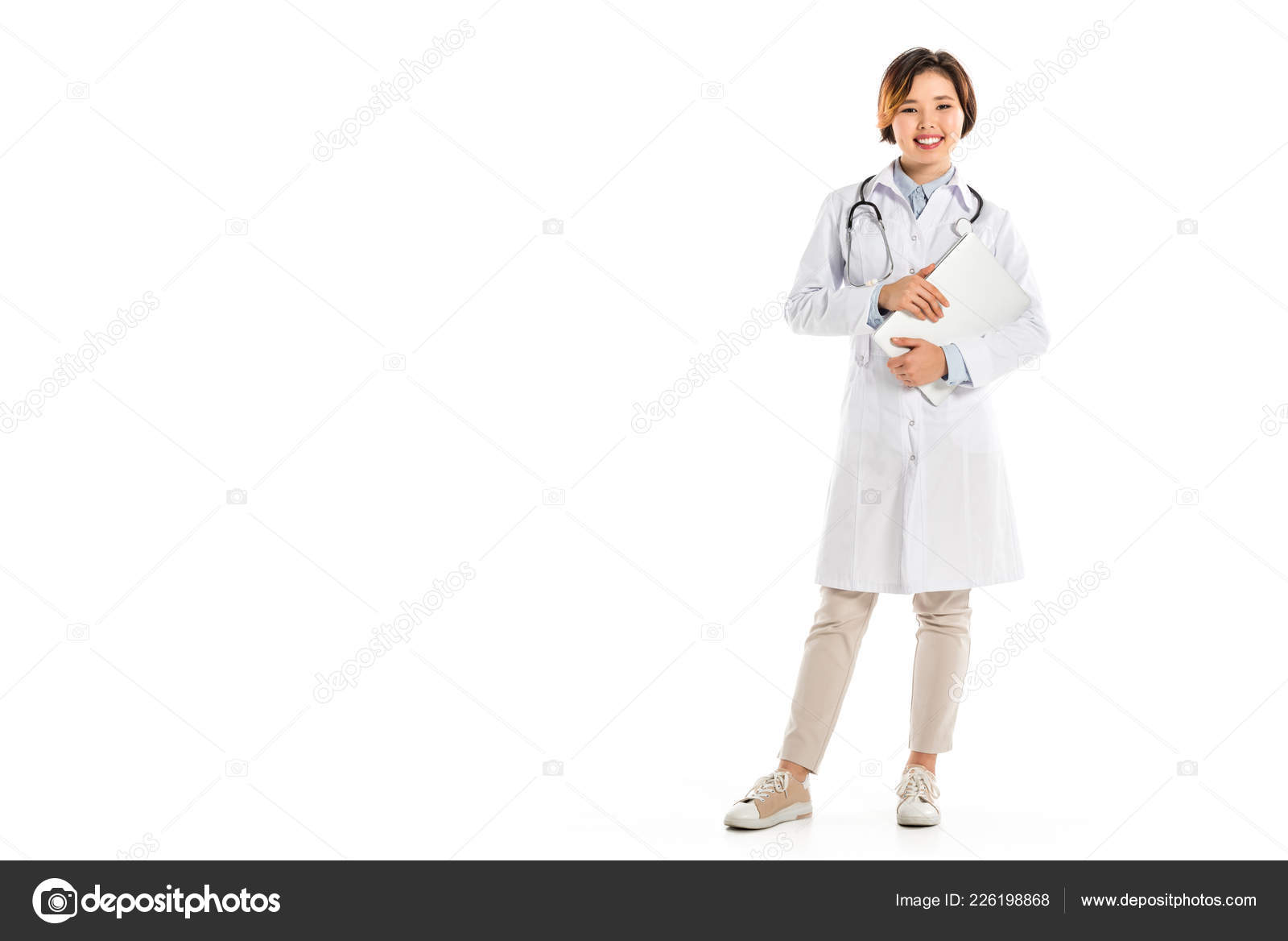 Smiling Female Doctor Looking Camera Standing Holding Diagnosis ...
