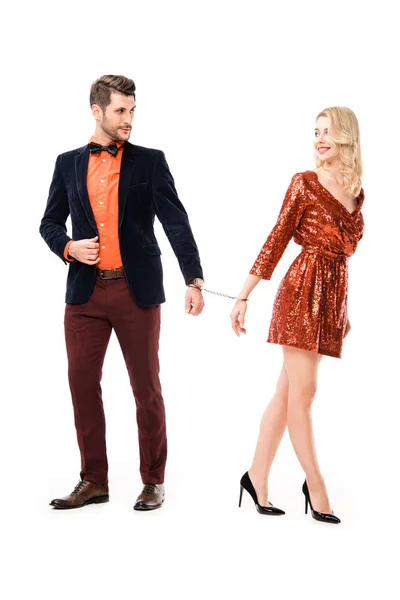 Couple Attractive Woman Whip Man Handcuffs Isolated White Stock Photo ...