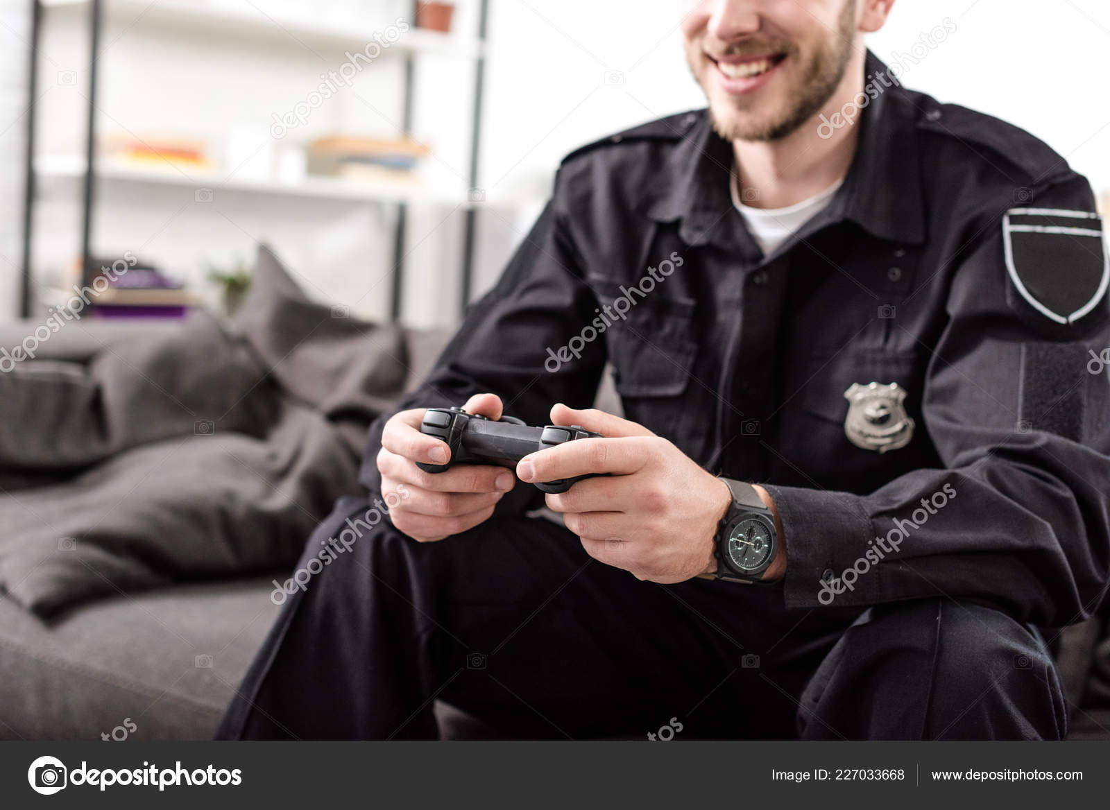 Cropped View Policeman Gamepad Sitting Couch Playing Video Game Stock ...