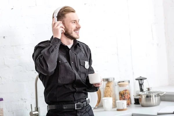 Handsome Police Officer Drinking Coffee Kitchen — Stock Photo ...