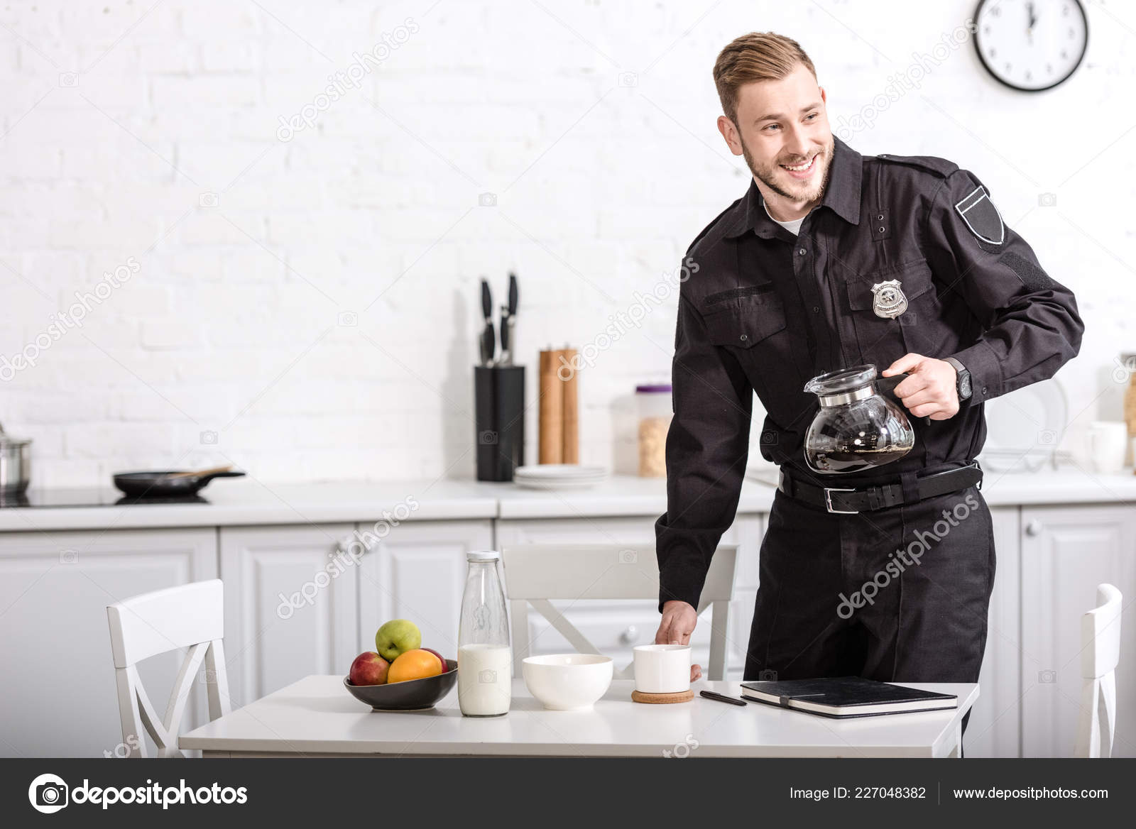 Smiling Handsome Policeman Holding Glass Pot Filtered Coffee Breakfast ...