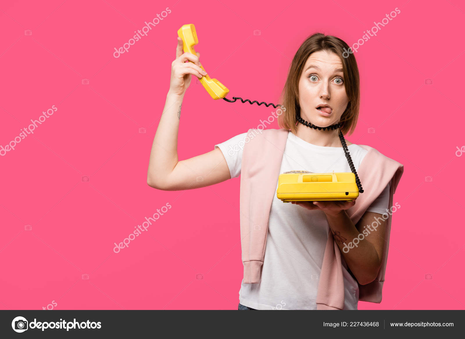 Young Woman Wire Neck Holding Rotary Phone Looking Camera Isolated ...