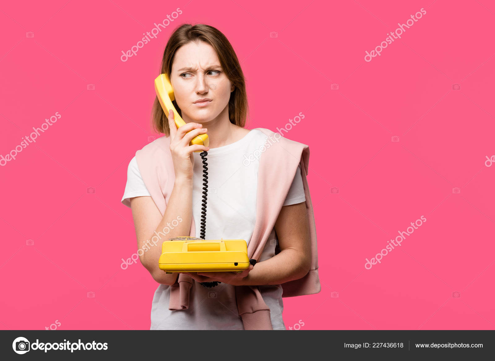 Young Woman Frowning Eyebrows Talking Handset Isolated Pink — Free ...