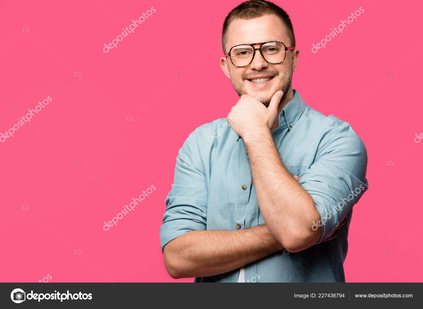 Handsome Happy Man Standing Hand Chin Smiling Camera Isolated Pink ⬇