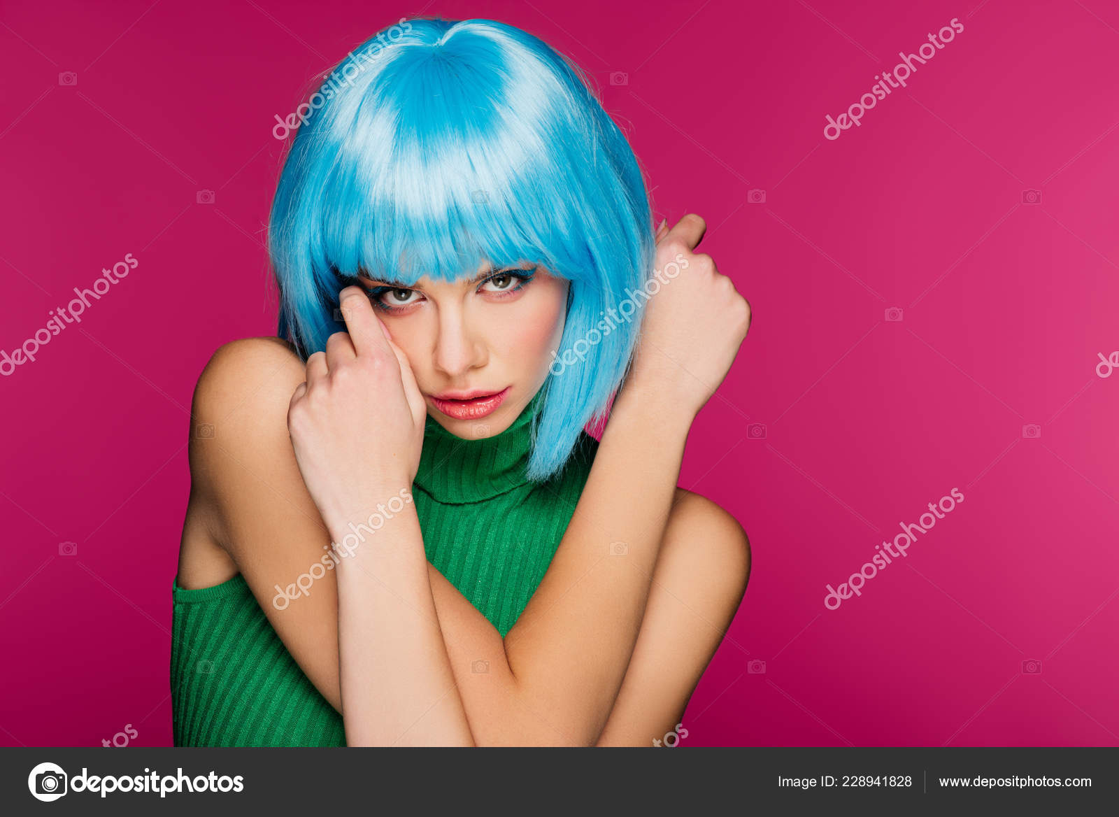 Beautiful Model Blue Hair Isolated Pink — Stock Photo © EdZbarzhyvetsky ...