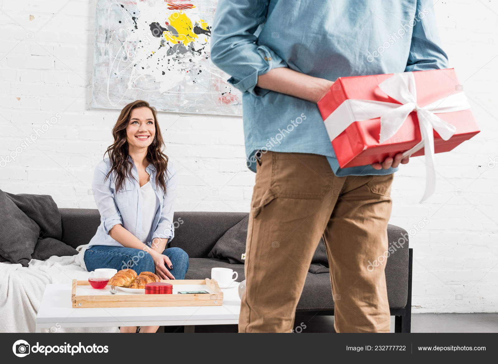 Back View Man Holding Red Birthday Present Back Smiling Woman — Stock ...