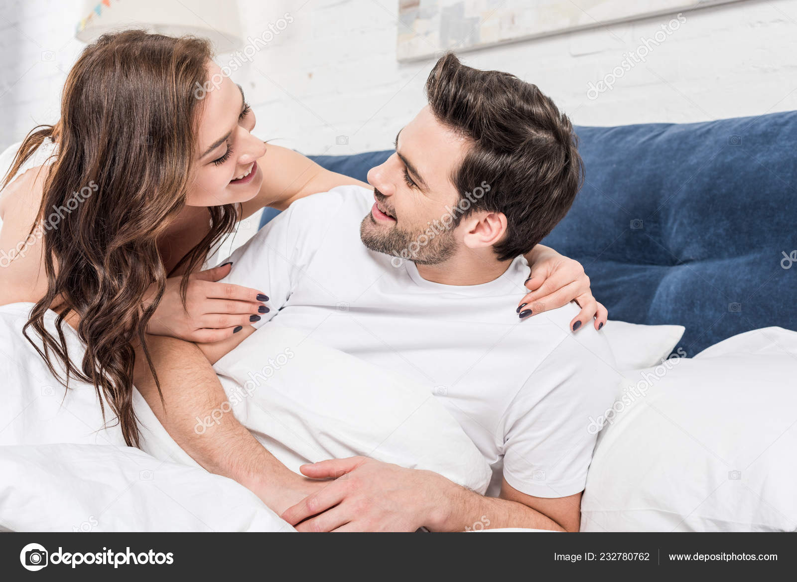 Beautiful Happy Couple Embracing Looking Each Other Bed — Stock Photo ...