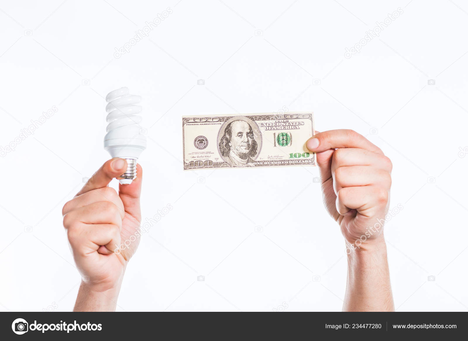 Cropped View Male Hands Holding Fluorescent Lamp Hundred Dollar ...